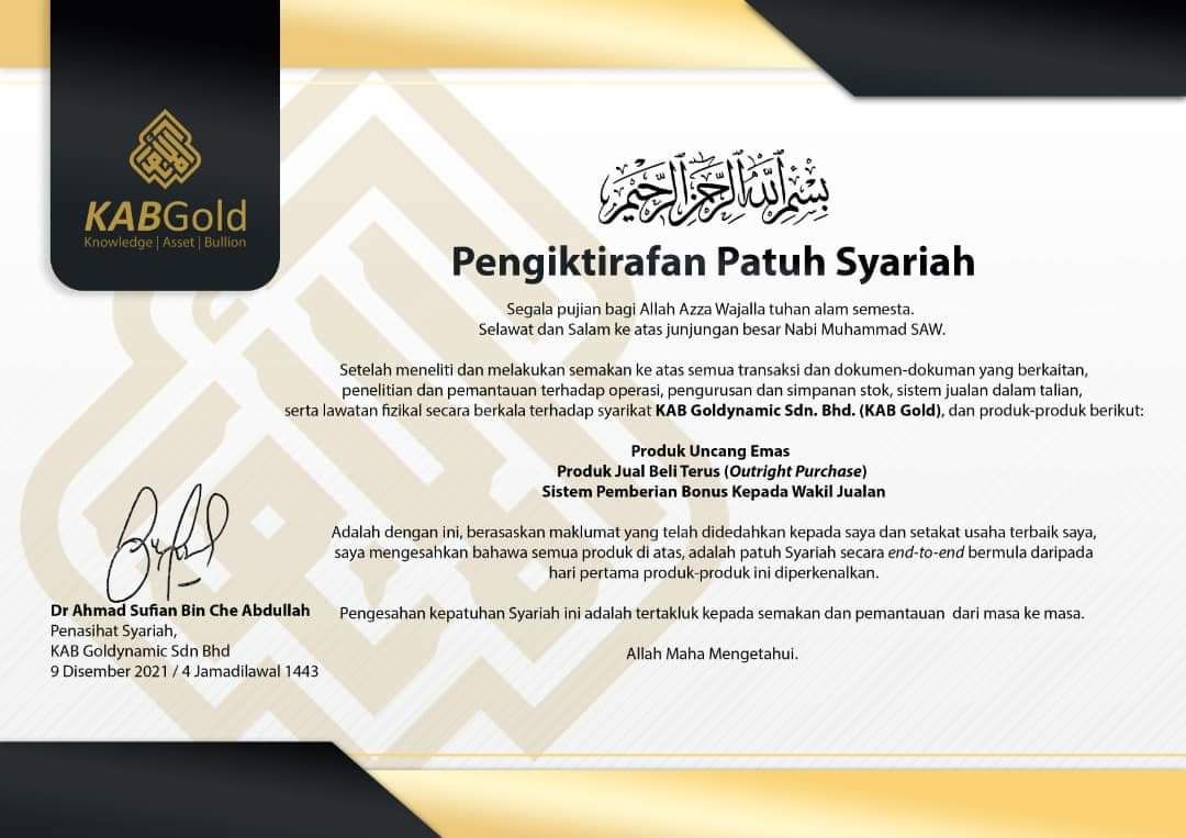 KAB Gold – Sijil Pematuhan Syariah – TeratakEmas.Com